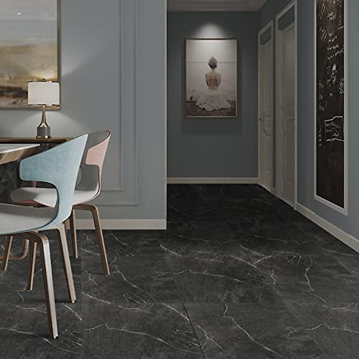 Peel and Stick Floor Tile, Black Grey Marble Vinyl Flooring, Durable and Waterproof for Update Bathroom Kitchen Basement, 11.8x11.8In, 10 PCS