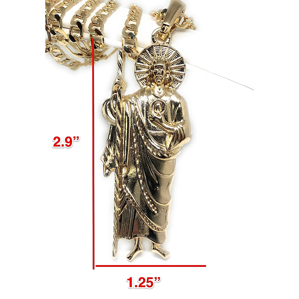 Fran & Co. Jewelry Gold Plated Big Saint Jude Pendant Necklace Figaro 26" San Judas Tadeo Medalla XL Cadena Oro