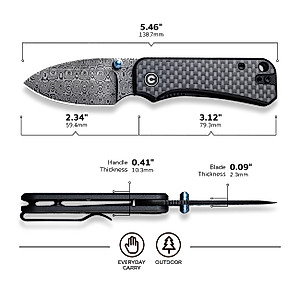CIVIVI Small Pocket Knife for EDC, Ben Petersen Folding Knife Baby Banter with 2.34" Damascus Blade Carbon Fiber Overlay on G10 Handle, Titanium Thumb Stud Opener C19068S-DS1