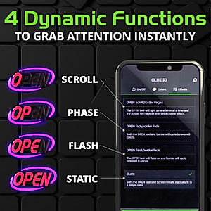 GLI Led Open Sign for Business – Stand Out with 64 Super-Bright Color Combos to Match Your Brand, Programmable App – Neon Flash, or Scroll – 15 x 32 inch