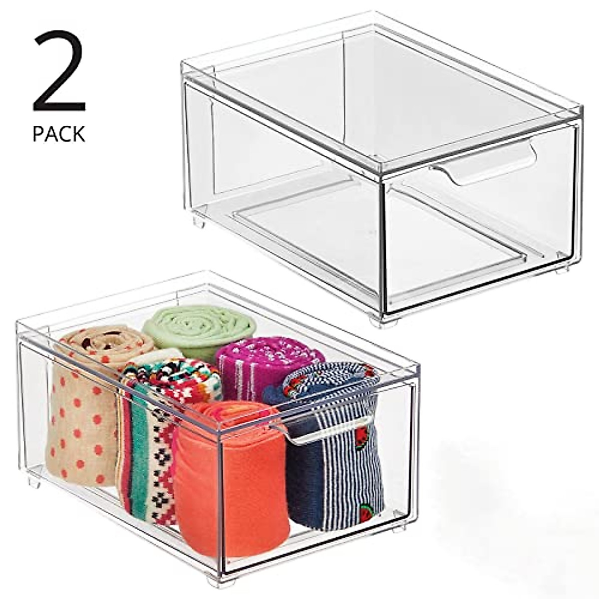 mDesign Stackable Storage Containers Box with 2 Pull-Out Drawers - Stacking Plastic Drawer Bins for Closet Organization, Linen, Coat, Bedroom or Entryway Closets - Lumiere Collection - 2 Pack - Clear