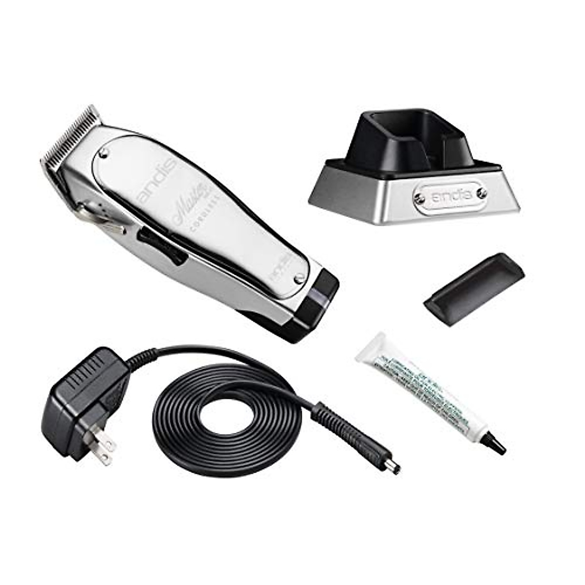 Andis 12470 Professional Master Corded/Cordless Hair & Beard Trimmer, Adjustable Carbon Steel Blade Hair Clipper for Close Cutting, Chrome, Silver - 5 Piece Set