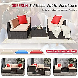 Greesum Patio Furniture Sets 5 Piece Outdoor Wicker Rattan Sectional Sofa with Cushions, Pillows & Glass Table, Beige