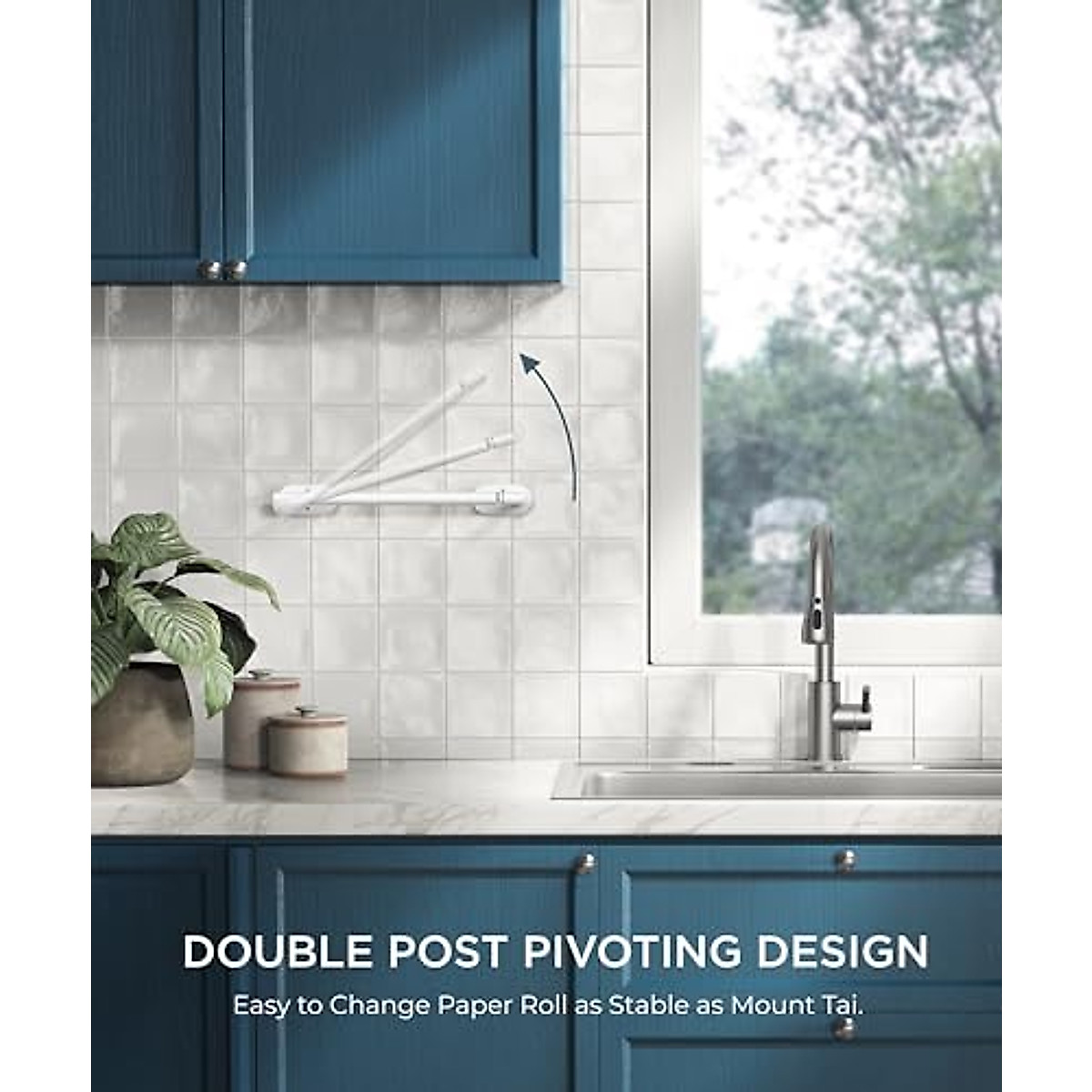 FORIOUS Paper Towel Holder Wall Mount, SUS 304 Stainless Steel Self Adhesive Pivoting Kitchen Commercial Paper Towel Holder Dispenser Under Cabinet no Drilling, White