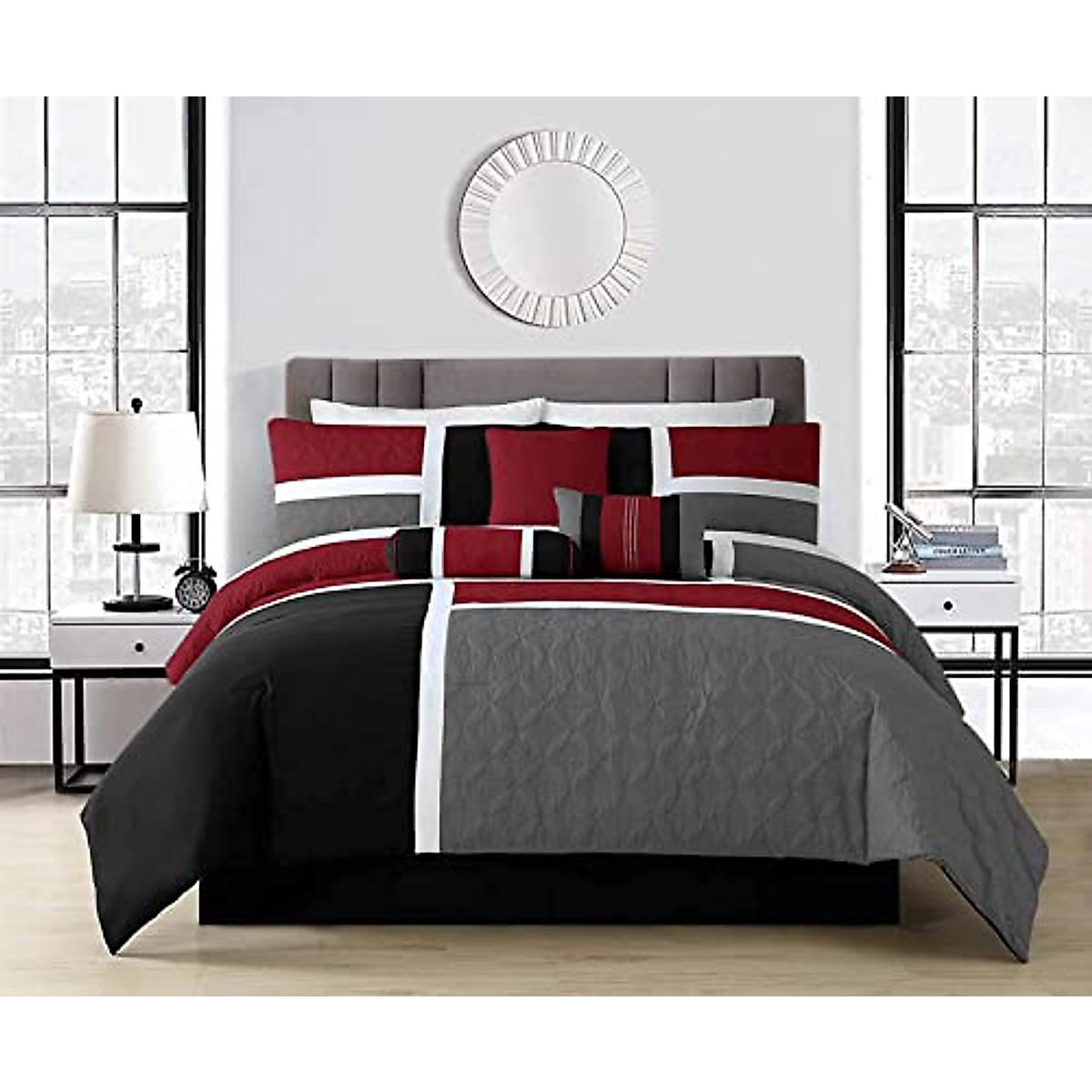 Chezmoi Collection 7-Piece Quilted Patchwork Comforter Set, Red/Gray/Black, Queen