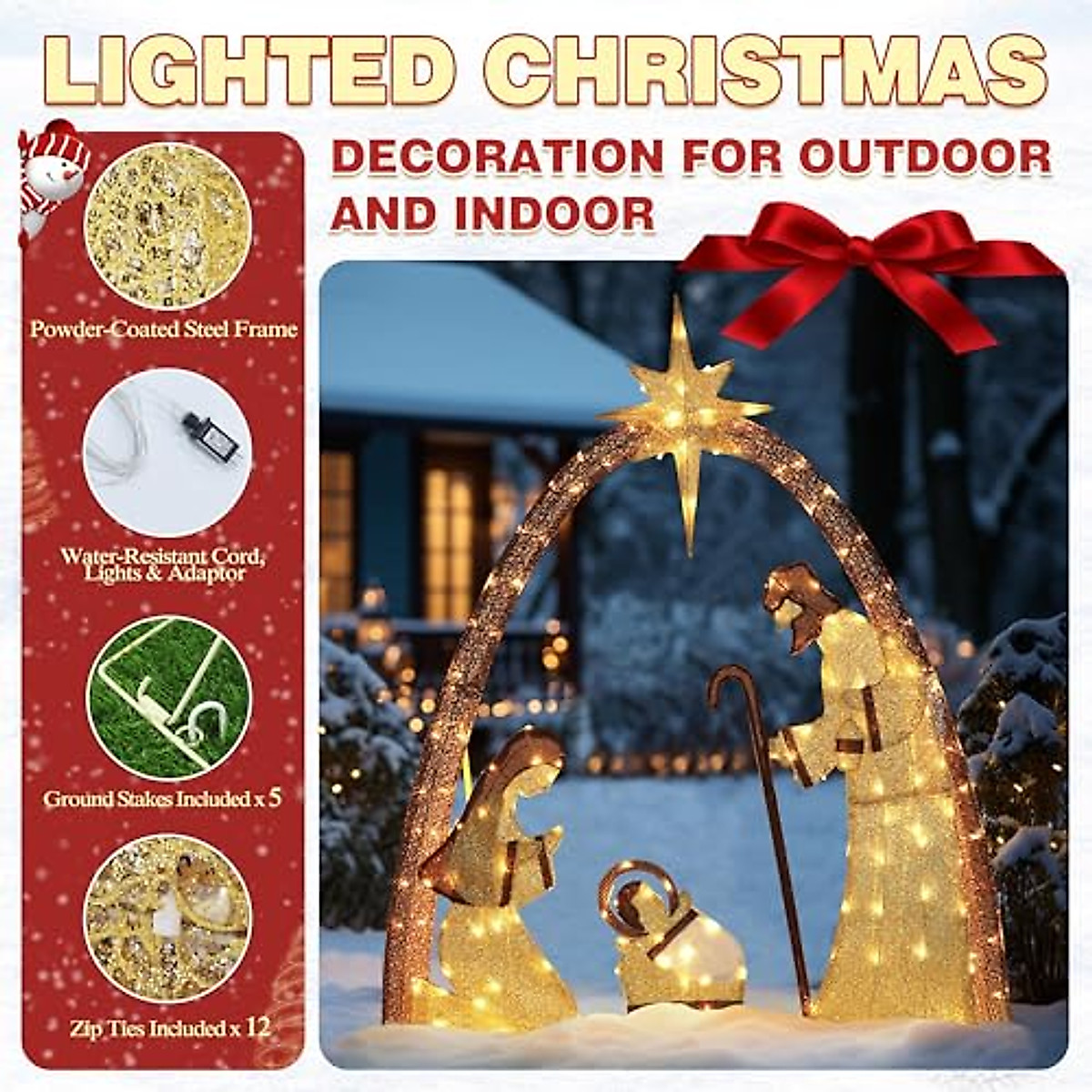 MUPATER Lighted Outdoor Christmas Decoration Nativity Scene, Lighted Christmas Yard Decor Set for Lawn and Home Holiday Party with Lights, Zip Ties and Ground Stakes, Gold
