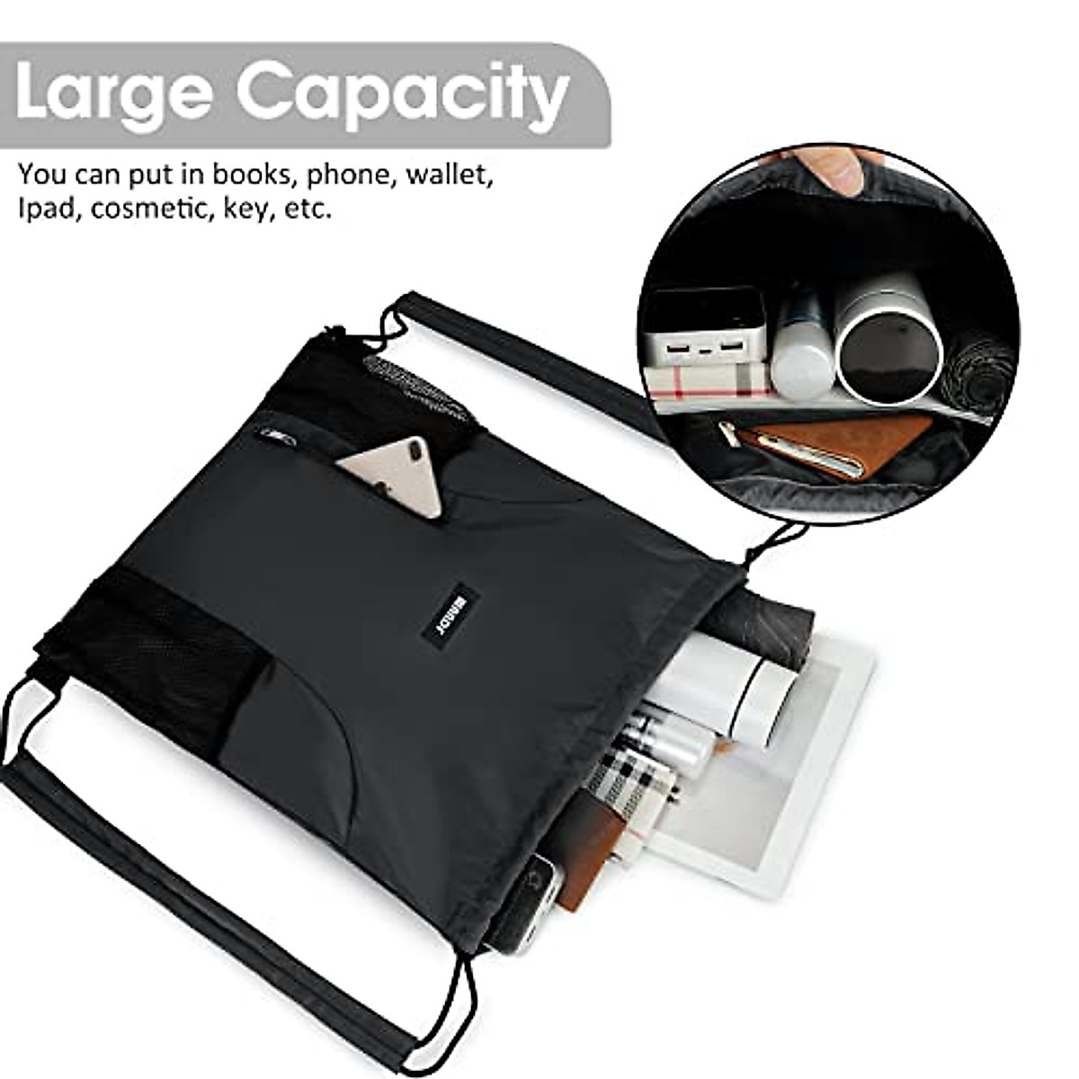 WANDF Drawstring Backpack with Shoulder Pad Sports Gym Backpack with Mesh Pocket String Bag for Women Men(Black)