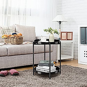 danpinera 2-Tier Round Side Table, Metal End Table with Removable Tray, Small Outdoor Table Folding Accent Table, Anti-Rust Black Nightstand for Bedroom Balcony Patio (Black)