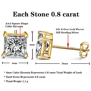 925 Sterling Silver Stud Earrings 4 Prong Princess Cut Square Cubic Zirconia Ear Stud for Women Men Girl CZ 4mm-7mm (Yellow Gold-1.60cttw)
