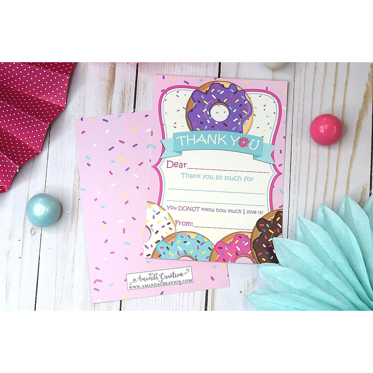 Donut Grow Up Thank You Notes for Girls, Ten 4" x 5.5" Fill In The Blank Cards with 10 White Envelopes by AmandaCreation