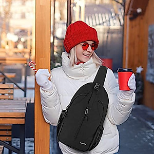Fancosni Crossbody Sling Bags for Women Men, Black Sling Backpack, Lightweight Shoulder Bag, Multipurpose Sling Bag for Travel, Hiking, Shopping, Walking, Biking, Cycling, Earphone Hole, Chest Bag