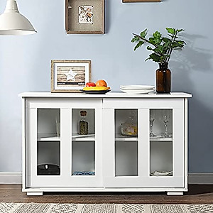 FurnitureR Sideboard Buffet Modern Storage Cabinet with Sliding Doors/Adjustable Shelves, 42'' Kitchen Cupboard Stackable Console Bar Table for Home Living Room, White