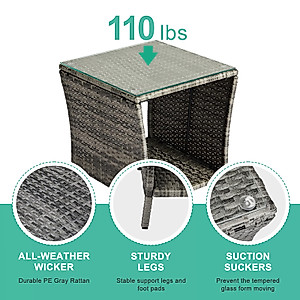 HEPMIMZHU Outdoor Patio Wicker Side Table, Square End Table Bistro Coffee Table with Glass Top Storage Shelf for Porch Garden Backyard Rattan End Table Furniture with Storage (Light Grey)