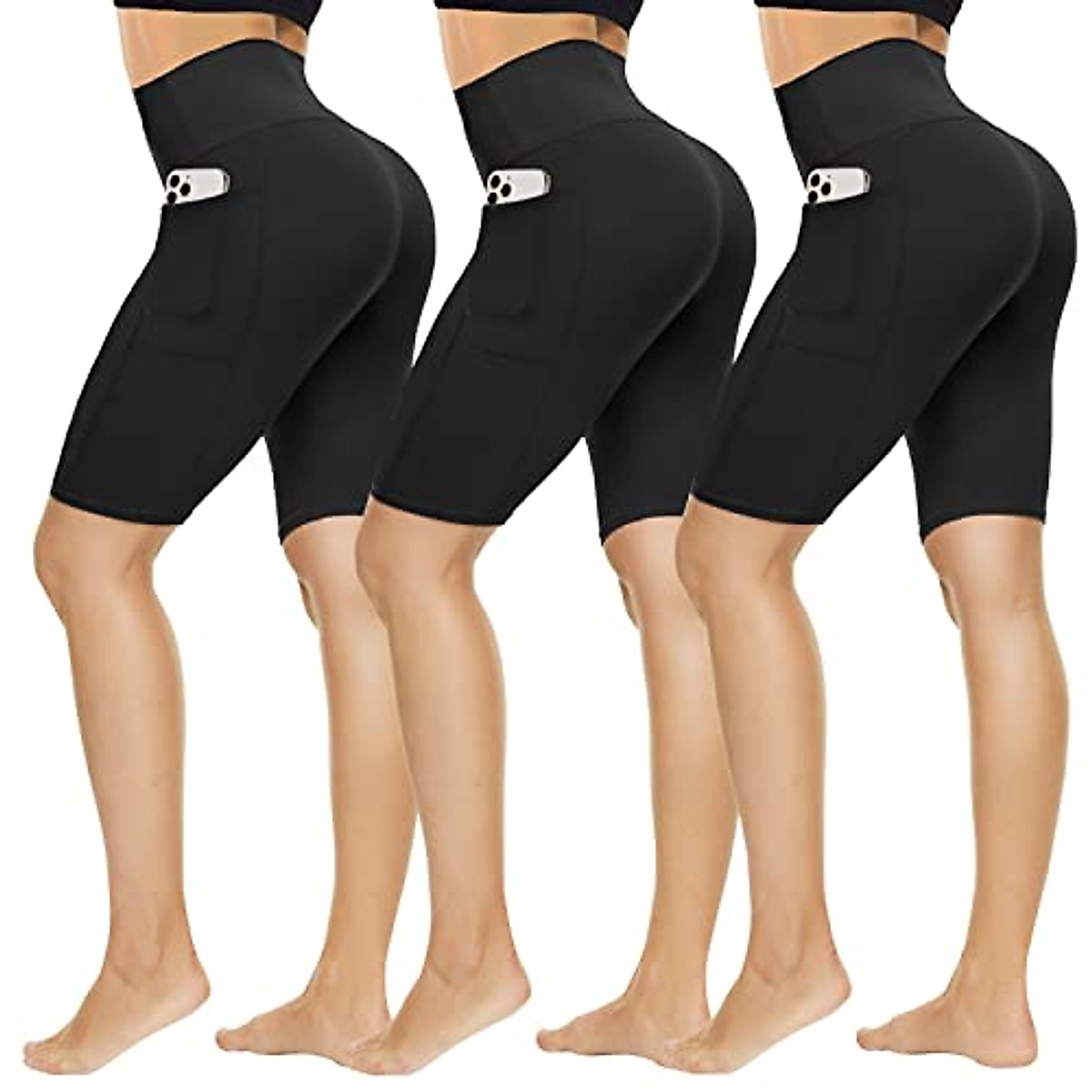 QGGQDD 3 Pack Biker Shorts Women with Pockets - 8” High Waisted Black Workout Running Yoga Shorts