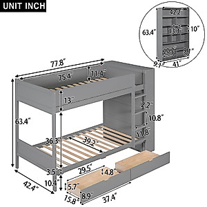 Harper & Bright Designs Twin Over Twin Bunk Beds with Storage Drawers & Bookshelves, Wood Bunk Bed Frame with Guardrails & Ladder for Kids, Teens, Adults (Gray)