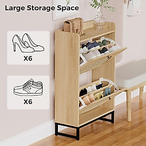 KFO Shoe Cabinet with 2 Handmade Natural Rattan Flip Drawers, Entryway Shoe Rack Storage Organizer for Sneakers, Leather Shoes, Slippers, Free Standing Shoe Racks……