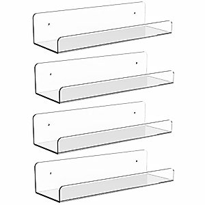 4 Pack Clear Acrylic Floating Wall Ledge Shelf for,15'' Invisible Mounted Nursery Kids Bookshelf for Room,Modern Funko Pop Display Shelves Toy Storage (Pack of 4)