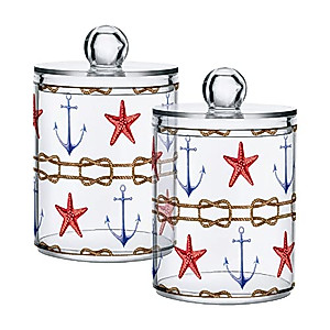 Vintage Starfishes Sea Anchors Qtip Holder Dispenser Watercolor Nautical Rope Bathroom Canister Storage Organization 4 Pack Clear Plastic Apothecary Jars with Lids Vanity Makeup Organizer For Cotton