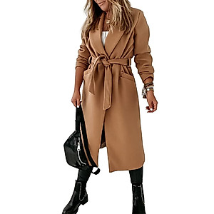 Womens Classic Coat Lapel Collar Open Front Belted Long Jacket