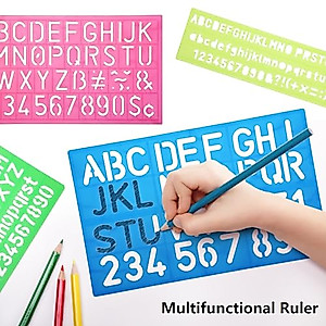 Bewudy 4 Pieces Letter Stencils Set, Plastic Alphabet Stencil Letters Number Stencils Ruler Guide Lines for Drawing Stencil Painting Learning DIY 4 Colours with 4 Size