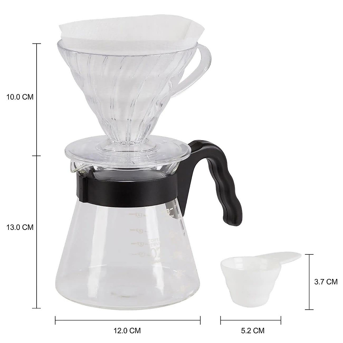 Hario Pour Over Coffee Starter Set Craft Coffee Maker Dripper, Glass Server, Scoop and Filters Size 02, Black