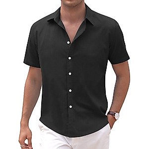 COOFANDY Men's Linen Short Sleeve Business Summer Shirt Fitted Untucked Button Shirt Black