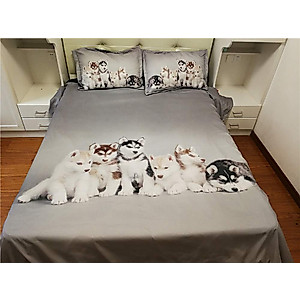 JF-107 3pcs Husky Babies 3D Digital Animal Print Bed Sheet Set Dogs Duvet Cover Set Grey Bedding Sets Twin Full Queen King Size, not Comforter (Twin)