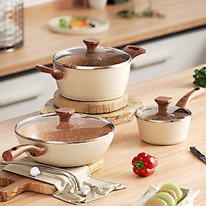 Innerwell Pots and Pans Set Nonstick, 6 Piece Kitchen Nonstick Cookware Sets with Bakelite Handles, Non-Toxic Non Stick Cooking Set, Granite Induction Compatible (PFOS, PFOA Free)