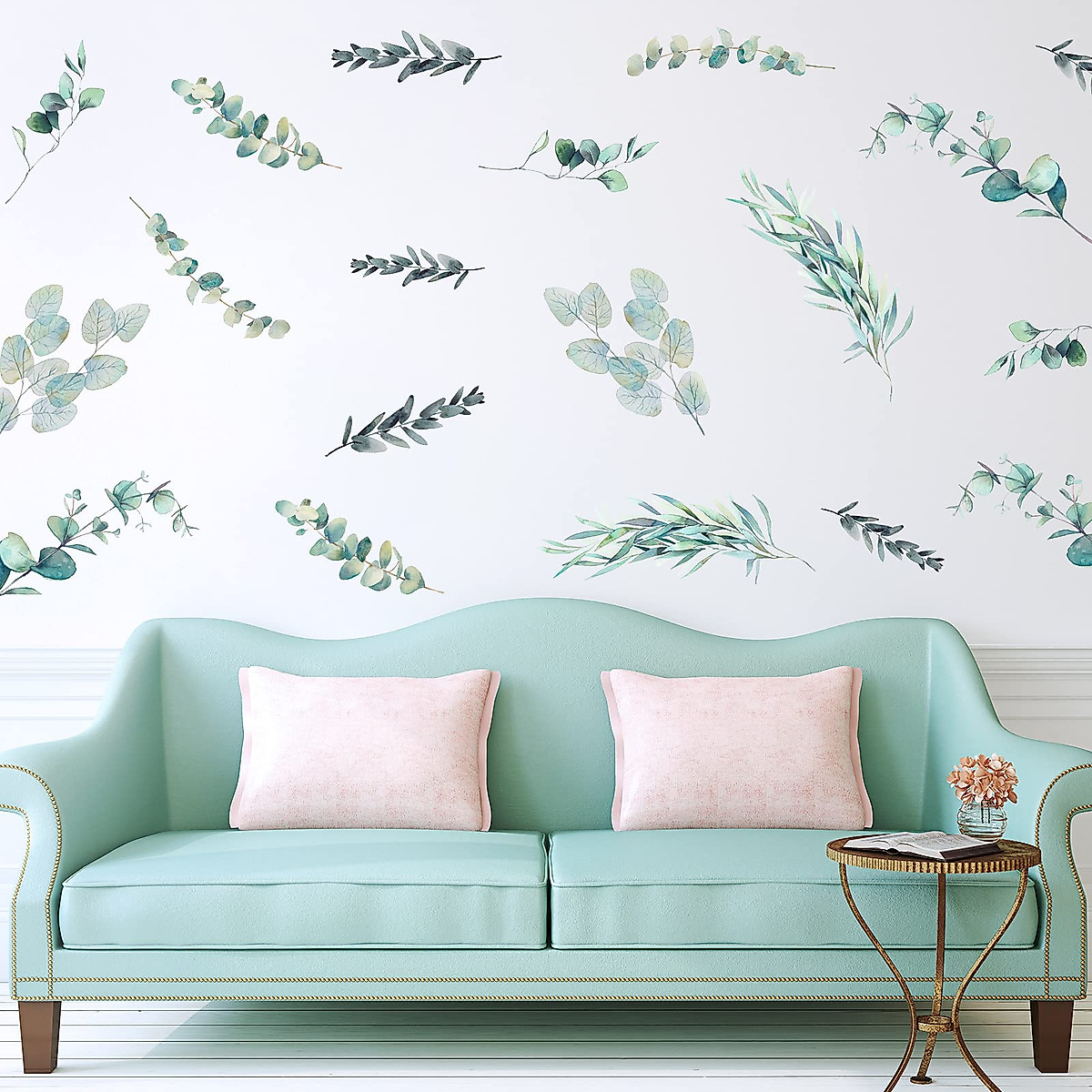 Zonon 32 Pcs Green Leaves Wall Stickers Boho Eucalyptus Leaf Wall Decals Modern Leaves Wall Decals Sage Green Wallpaper Botanical Plant Leaf Wall Decoration for Nursery Bedroom Living Room Decor