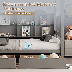HUMEHA Twin House Bed with Roof and 2 Storage Drawers for Kids, Wooden Twin Size Bed Frame with Storage Shelves Guardrails and Wood Slats for Boys Girls, No Box Sping Required, Gray
