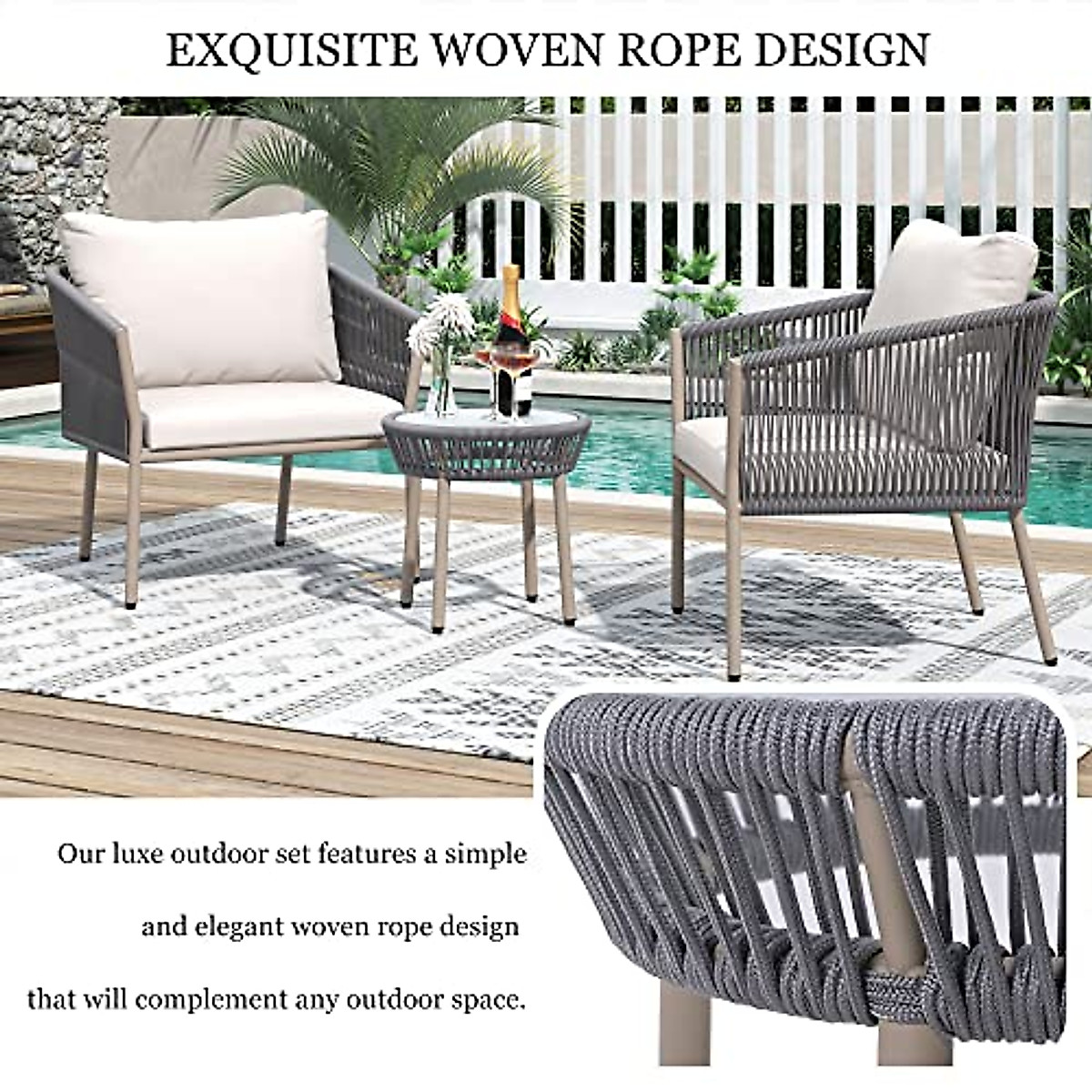 KELRIA Woven Rope Conversation Set, Rattan Couch Sofa Including 2 Single Chairs and Coffee Table, Suitable for Indoor, Outdoor, Balcony, Courtyard, Poolside, Lawn, Backyard, Gray, Gary