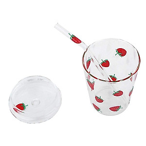 Ichiias Glass Cup Heat-Resisting Clear Strawberry Pattern Coffee Juice Drinking Water Mug with Straw Lid