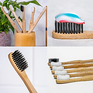 Bamboo Toothbrushes Medium Bristles 5-Pack – 4 White Wooden Toothbrushes, 1 Black Charcoal Toothbrush – Biodegradable Natural Eco Friendly