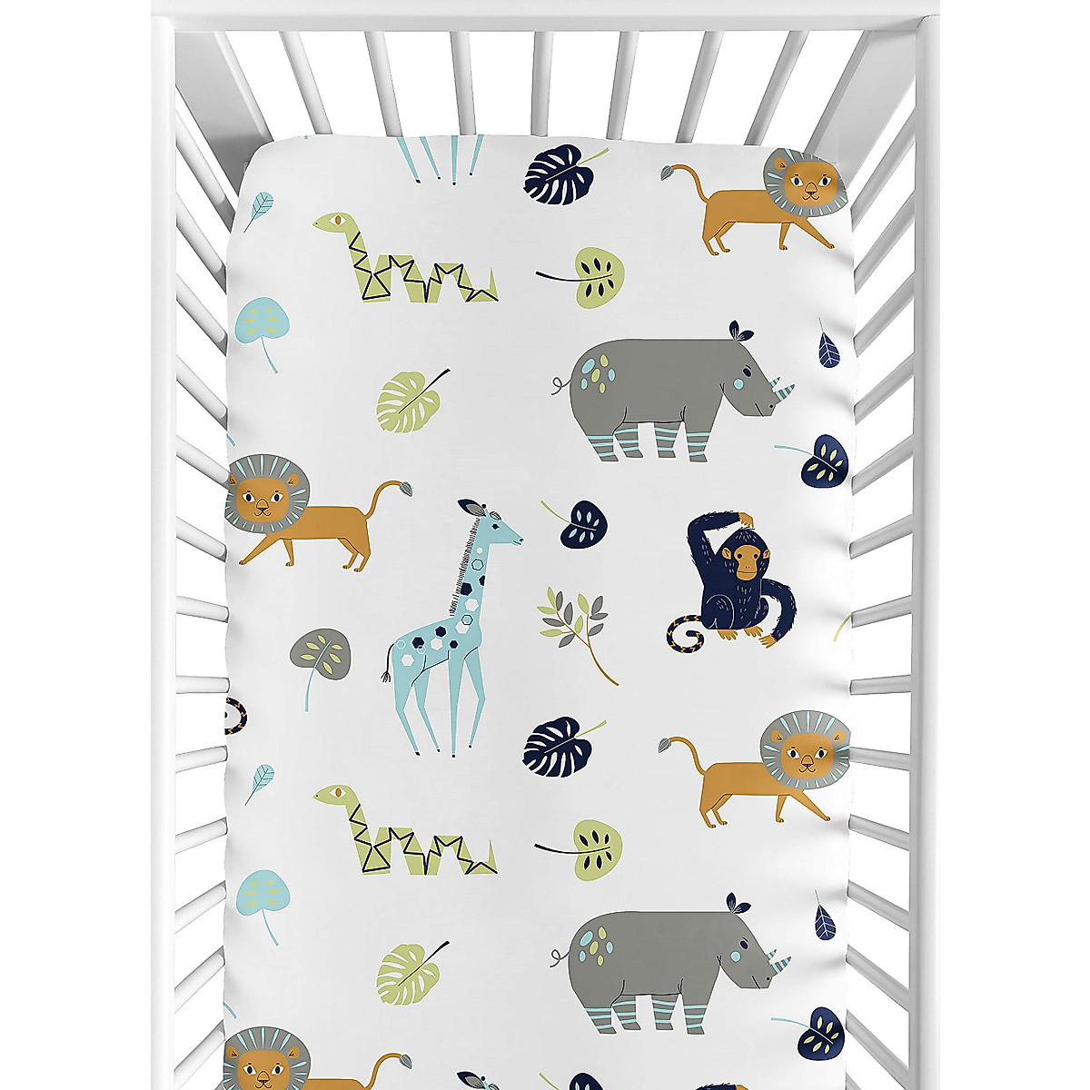 Turquoise and Navy Blue Safari Animal Baby or Toddler Fitted Crib Sheet for Mod Jungle Collection by Sweet Jojo Designs