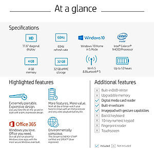 HP Stream 11-inch HD Laptop, Intel Celeron N4000, 4 GB RAM, 32 GB eMMC, Windows 10 Home in S Mode with Office 365 Personal for 1 Year (11-ak0010nr, Royal Blue) (Renewed)