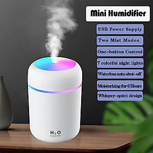Colorful Cool Mist Mini Humidifier 300ml, USB Personal Desktop Humidifiers for Car Office Home Travel, Auto Shut-Off, 2 Mist Modes, Ultra Quiet.(white)