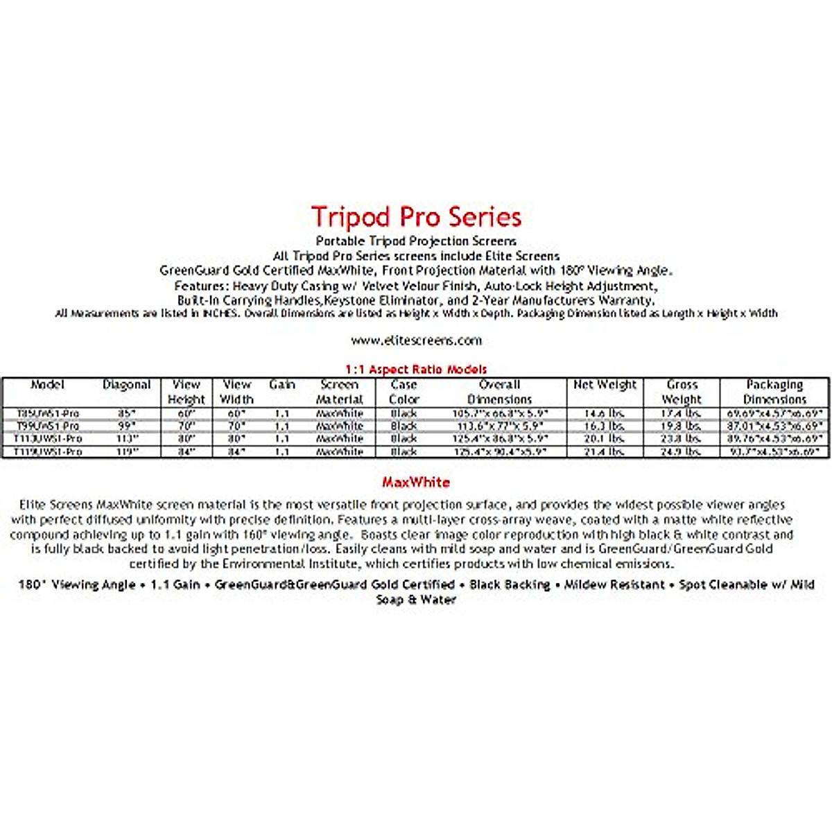 Elite Screens Tripod Pro Series, 119-INCH 1:1, 16:9, 4:3 Adjustable Multi Aspect Ratio Portable Indoor Outdoor Projector Screen, 8K / 4K Ultra HD 3D Ready, 2-YEAR WARRANTY, T119UWS1-PRO, black