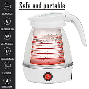 Foldable Electric Travel Kettle - Portable and Convenient Silicone Collapsible Water Boiler and Tea Pot for Camping - Easy Storage with Detachable Power Cord （White）
