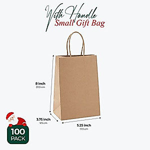 METRONIC Paper Gift Bags 5.25x3.75x8'' 100Pcs Brown Paper Bags with Handles Bulk, Kraft Paper Bags for Small Business, Birthday Wedding Party Favor Bags, Christmas Gift bags, Retail shopping Bags