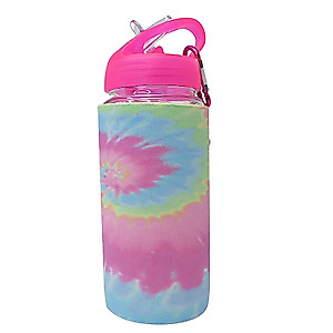 Kid's Pink Lid Water Bottle with Removable Retro Tie Dye Neoprene Sleeve, Fun Drink Bottles for School Lunches or To-Go, 8 Inches