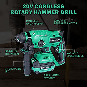 Monkey King Bar-SDS PLUS Coreless Brushless Rotary Hammer Drill 20V 2.2J Power- Li-ion Battery Faster Charge & 4 Modes and Variable-Speed with 1/2 Inch Chuck