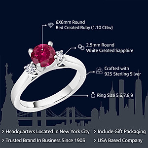Gem Stone King 925 Sterling Silver Red Created Ruby and White Created Sapphire 3-Stone Engagement Ring For Women (1.10 Cttw, Round 6MM, Gemstone July Birthstone, Size 7)