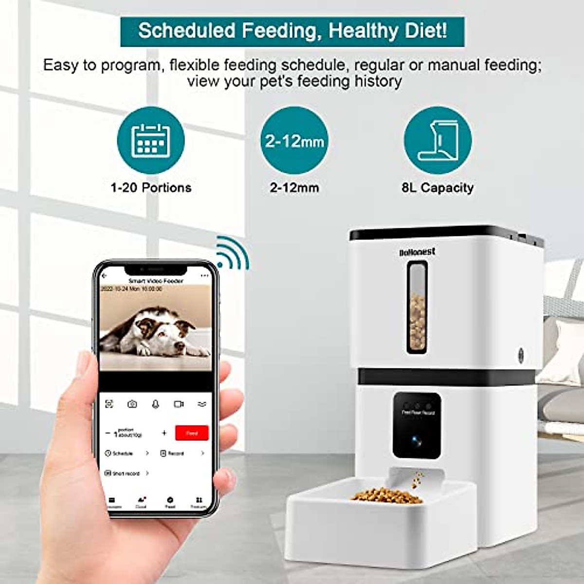 DoHonest Automatic Dog Feeder with Camera: 5G WiFi Easy Setup 8L Motion Detection Smart Cat Food Dispenser 1080P HD Video Recording 2-Way Audio Timed Pet Feeder App Control Night Vision S15