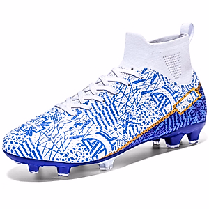 WINGFAI Men's Soccer Shoes Outdoor Turf Indoor Soccer Training Sneaker Professional High-Top Athletic Football Boots Breathable Cleats White Blue 11 US