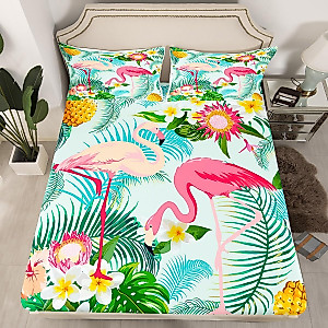 Tropical Flamingo Sheets with Deep Pocket Fitted Sheet Full Size, Pink Flamingo Sheet Set Palm Tree Print Sheets with Deep Pocket Fitted Sheet Botanical Bedding Set with 2 Pillow Case