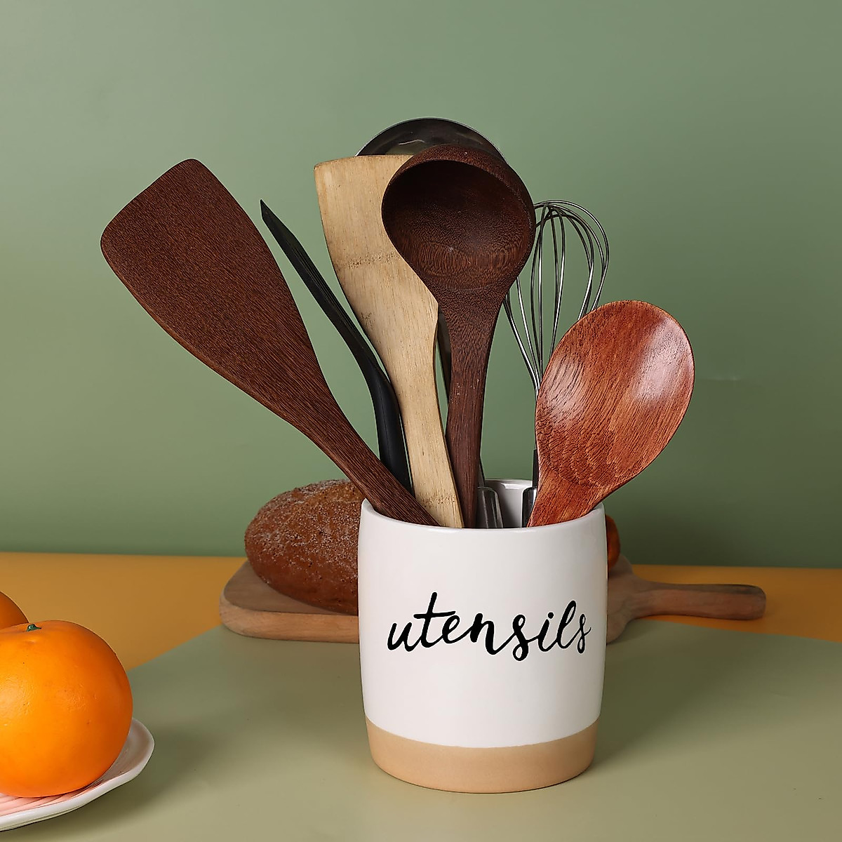 LEETOYI Ceramic Utensil Holder, Utensil Crock for Kitchen Counter, Countertop Utensil Storage Caddy Organizer, Farmhouse Kitchen Decor, Easy to Clean 33oz, White