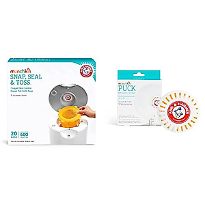 Munchkin® Arm and Hammer Diaper Pail Snap, Seal and Toss Refill Bags, Holds 600 Diapers, White 20 Count & Arm & Hammer Puck Baking Soda Cartridge, Lavender Scent