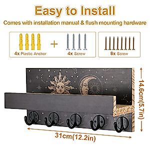 Key Holder for Wall, Patterned Key Hanger for Wall with Shelf, Decorative Key and Mail Holder with 5 Key Hooks for Entryway,Black Sun Moon