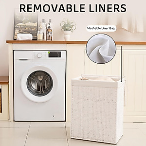 OIAHOMY Laundry Hamper with Lid, 23.8 Gal (90L) Wicker Hamper with Removable Liner Bags, Handwoven Clothes Hamper with Handles, Foldable Woven Paper Rope Hamper for Laundry Room, Bedroom-White