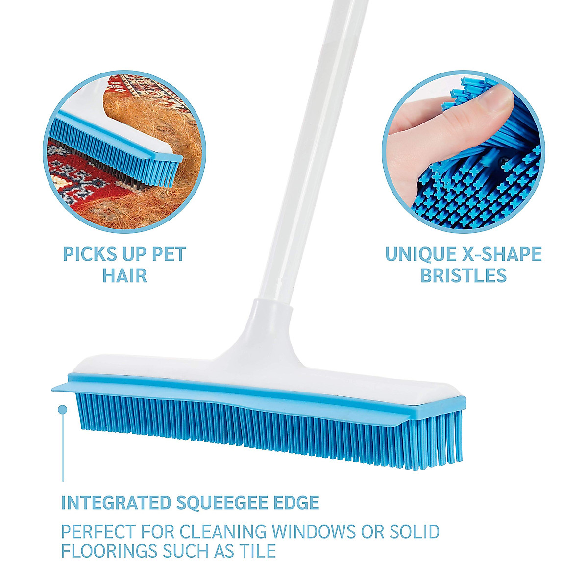 X-Broom- All Purpose Rubber Bristle Carpet Broom with Full-Length Squeegee to Remove Pet Hair, Dust, Dirt, Water